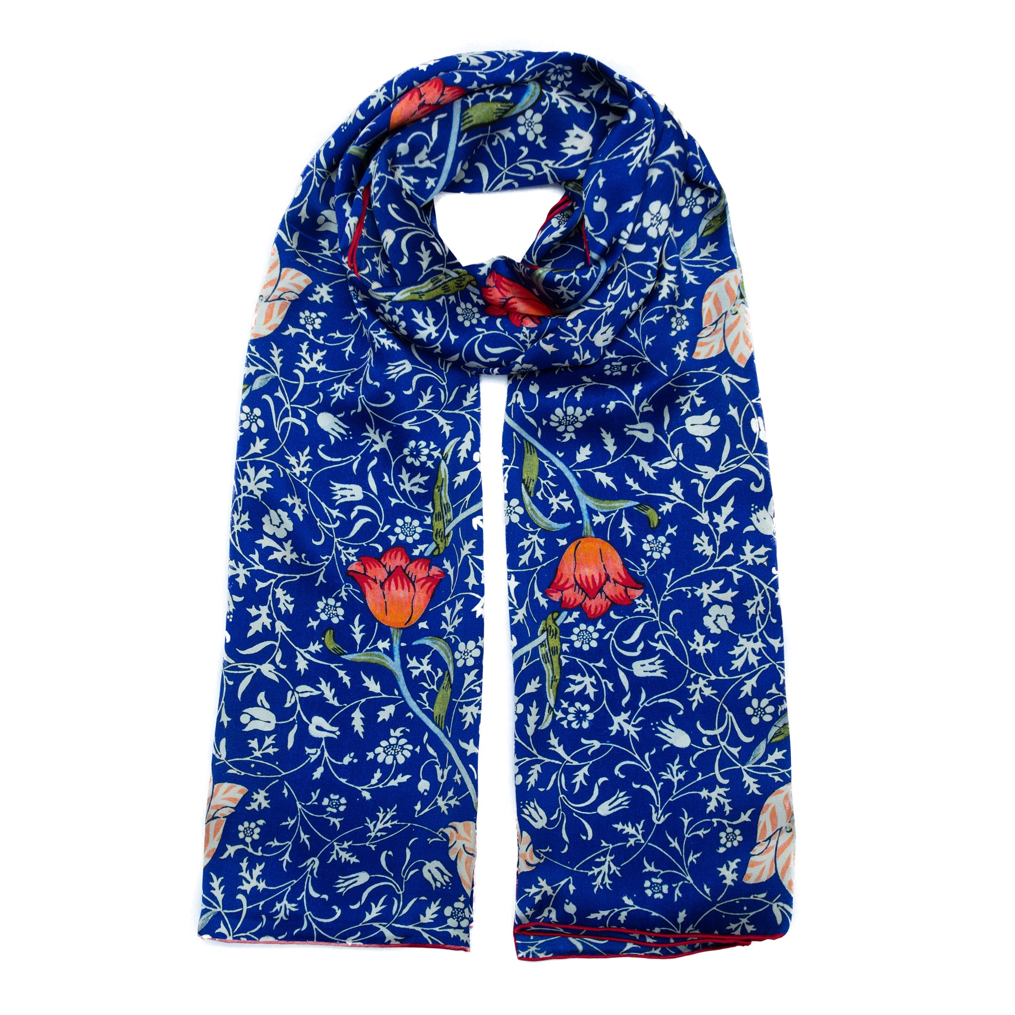 Blue Silk Scarf with Art Nouveau Floral Print - Munira, Unique Scarves