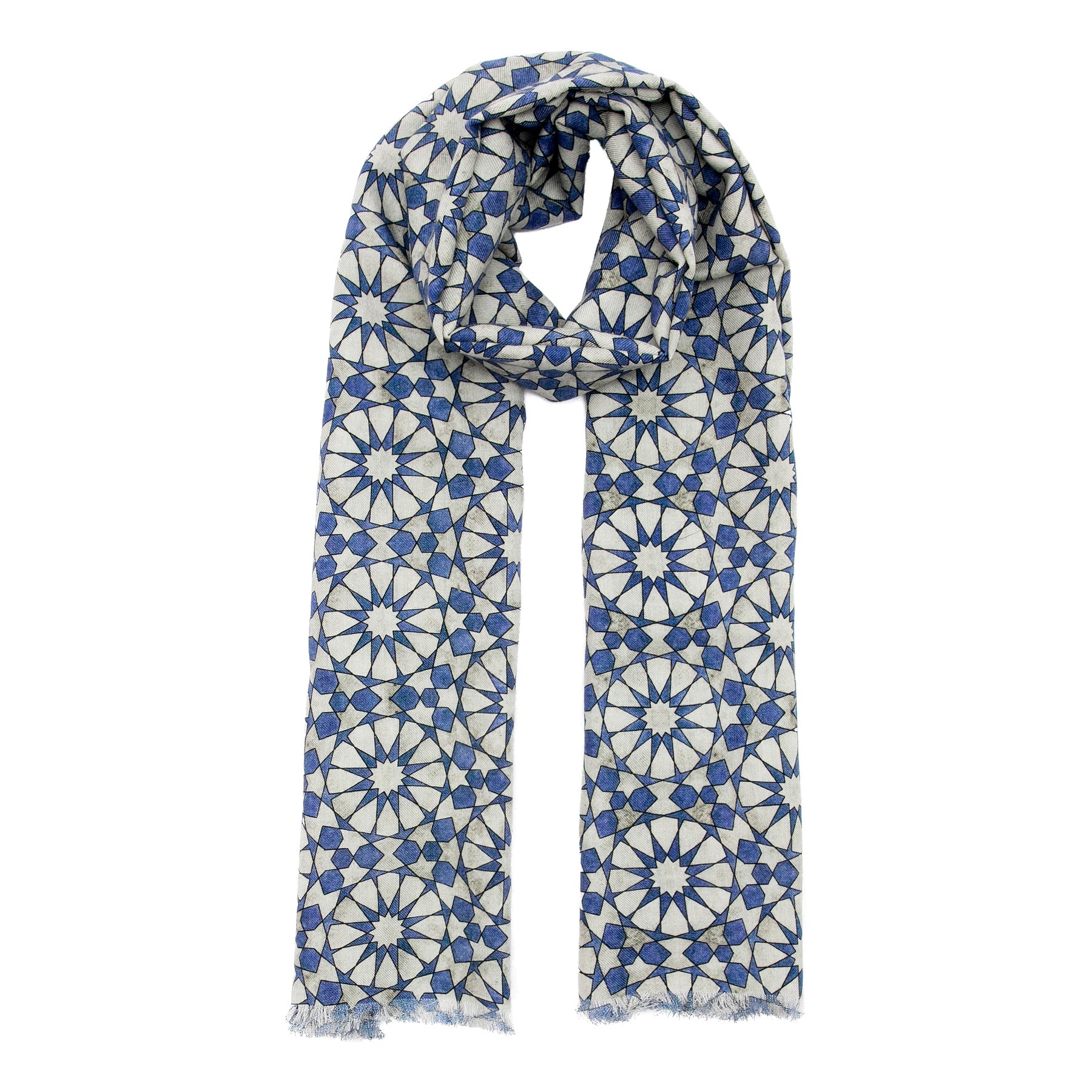 Silk and Wool Scarf with Blue and Gray Print - Munira Scarves & Shawls