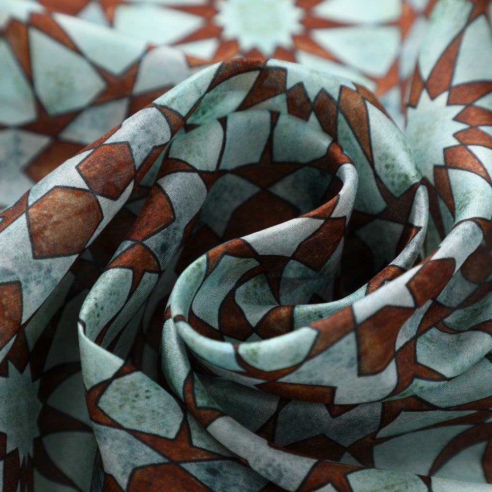 Islamic Pattern Tiles Silk Scarf - Brown and Blue Print | Munira